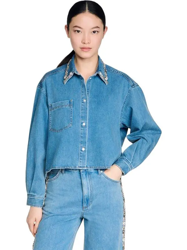 Sandro Rhinestone-embellished Denim Shirt - Blue Jean