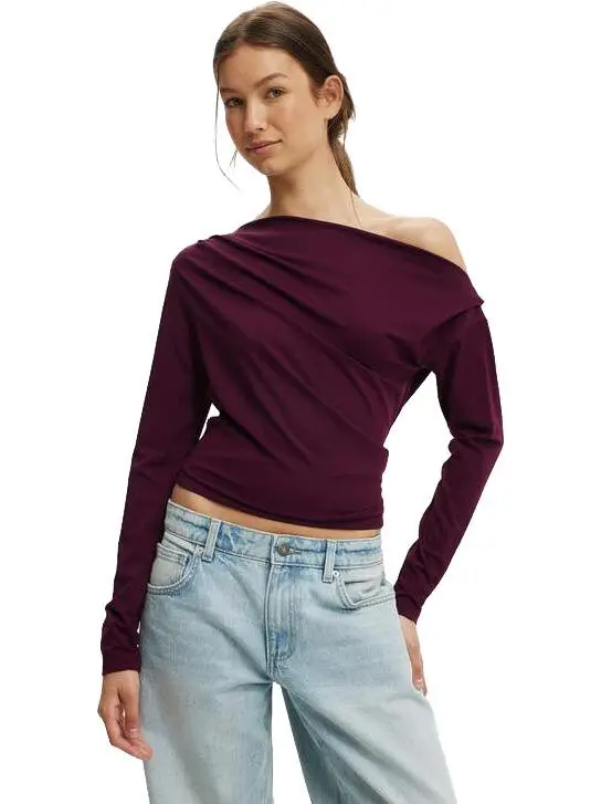 COTTON ON Georgie Off Shoulder Long Sleeve Top - Blackberry Belle