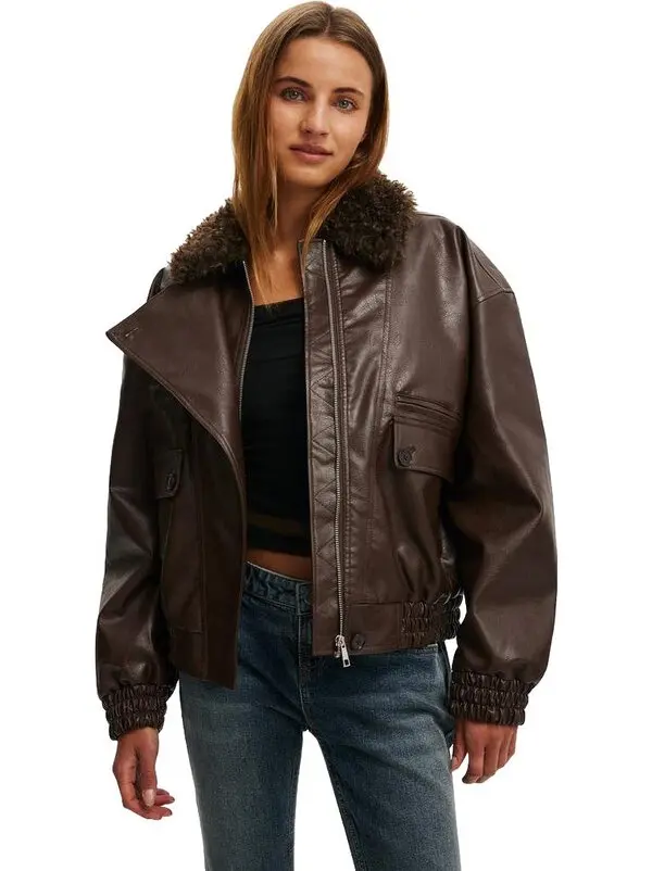COTTON ON Faux Leather Darcy Bomber - Brown