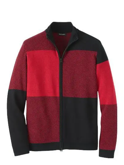 PAUL FREDRICK Cotton Full Zip Mock Neck Sweater - Red/black