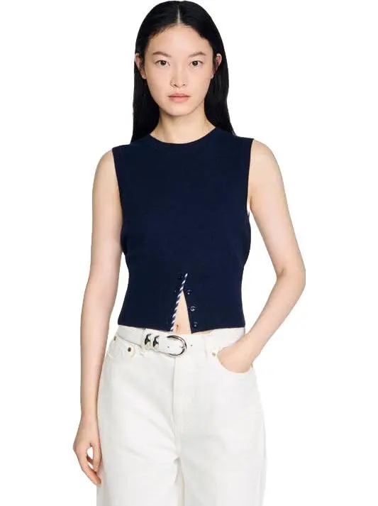 Sandro Cropped Wool-cashmere Sleeveless Jumper - Navy Blue