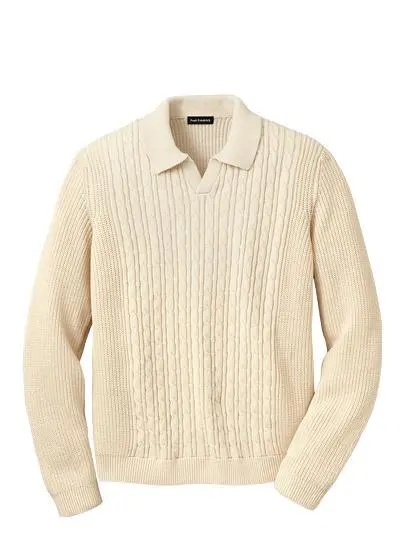 PAUL FREDRICK Cotton Cable V-neck Polo - Ivory