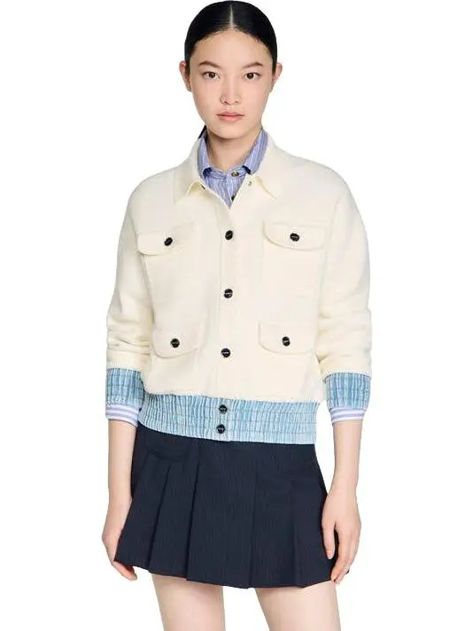 Sandro Bouclé Cardigan With Denim Details - Ecru