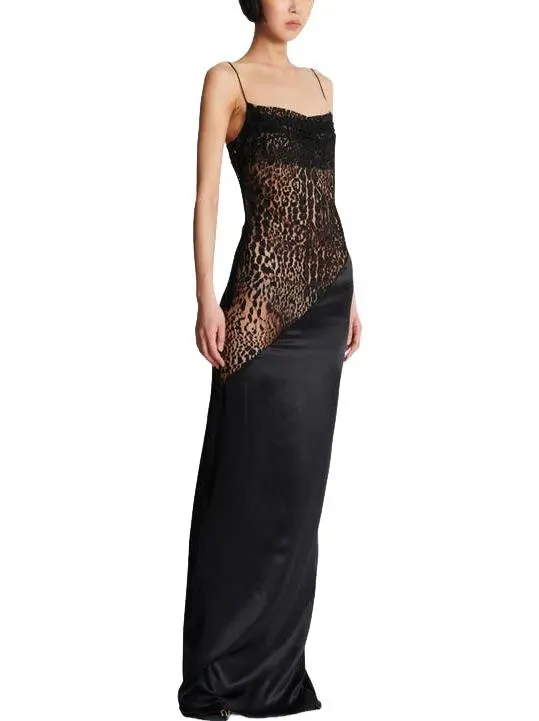 Balmain Leopard Lace And Satin Dress - Black