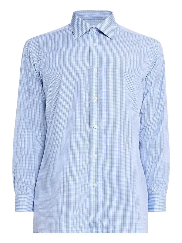 Charvet Cotton Point Collar Micro-plaid Sport Shirt - Blue