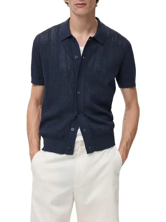 Mango Openwork Knitted Polo - Navy