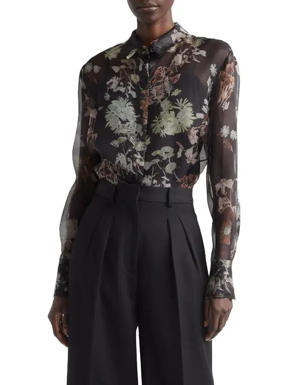 Altuzarra Chika Floral Print Silk Organza Shirt - Black Flowers