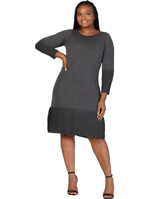 24SEVEN COMFORT APPAREL Ribbed Knit Long Sleeve Sweater Dress - Black