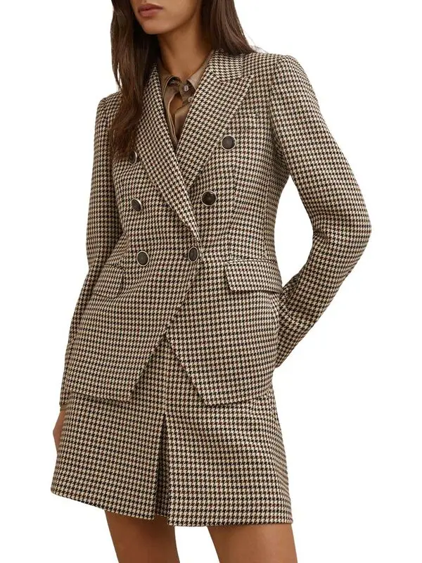REISS Hartley Houndstooth Double Breasted Blazer - Neutral Check