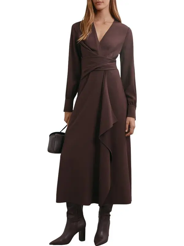 REISS Mira Drape Detail Long Sleeve Dress - Burgundy