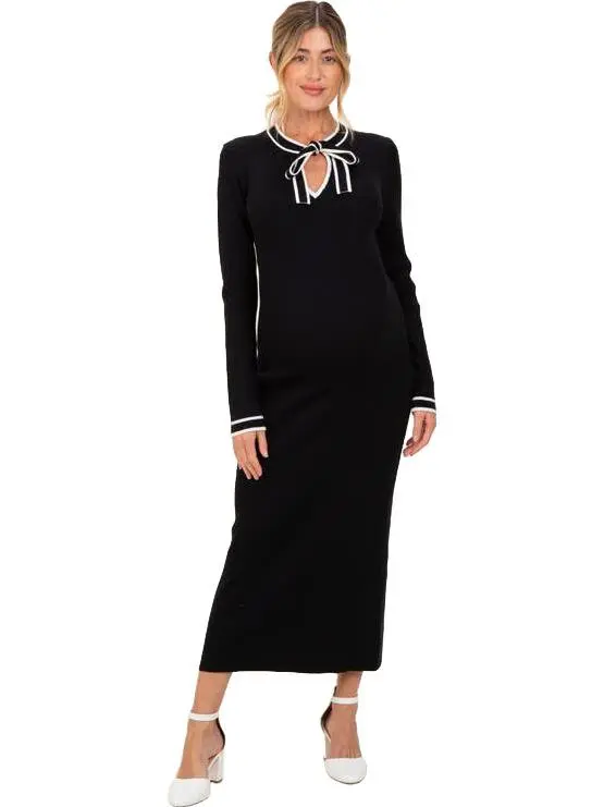 PINKBLUSH Tie Neck Sweater Midi Dress - Black