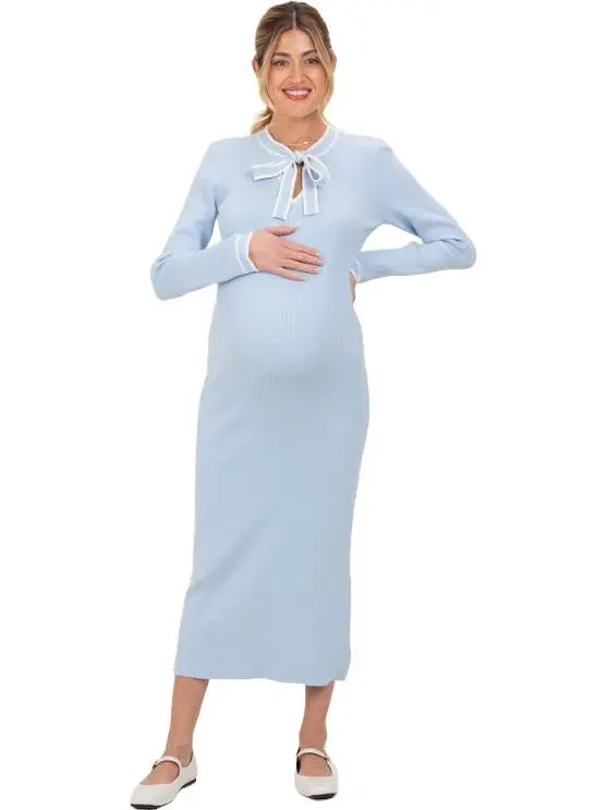 PINKBLUSH Tie Neck Sweater Midi Dress - Light Blue
