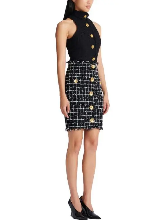 Balmain Tweed Pencil Skirt With Button Detailing - Black