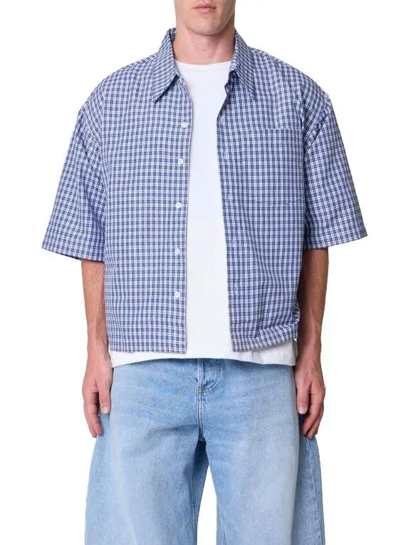 Mnml Crispy Oversize Check Short Sleeve Cotton Poplin Button-up Overshirt - Blue