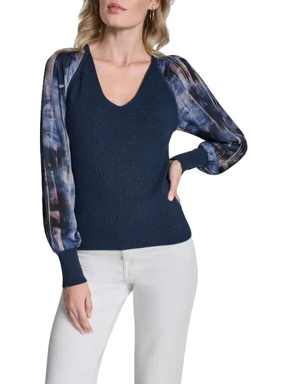 Dkny Printed Sleeve Mixed Media Sweater - Hudson Blue/hudson Lights