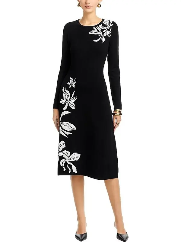T Tahari Long Sleeve Jacquard Dress - Black/ White
