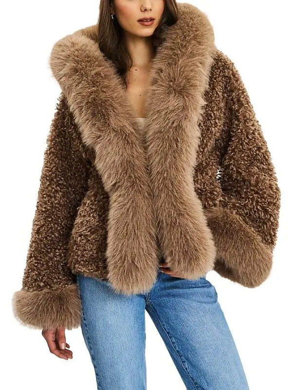 MISS CIRCLE Faux Fur Trimmed Coat With Hood - Camel