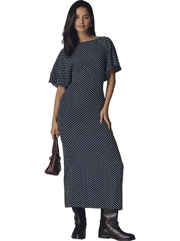 REFORMATION Maeve Crepe Flutter Sleeve Midi Dress - Blue Dot