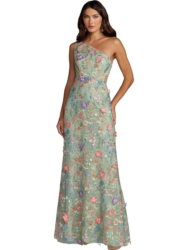 Mac Duggal Floral Embroidered One Shoulder Gown - Green