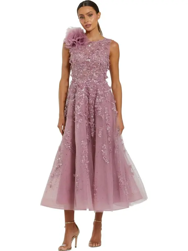 Mac Duggal Embellished High Neck Midi Dress With 3d Flower - Orchid