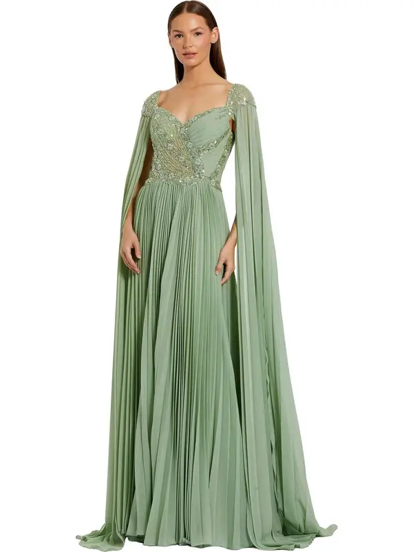 Mac Duggal Embellished Chiffon Cape Sleeve A-line Gown - Sage