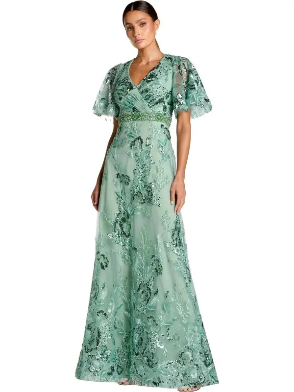Mac Duggal Floral Embellished Short Sleeve Gown - Green