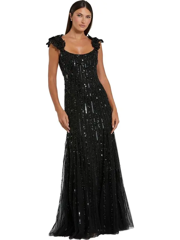 Mac Duggal Embellished Sleeveless Gown With Floral Shoulder Detail - Black