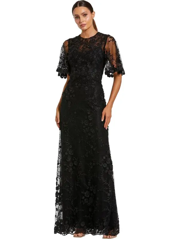 Mac Duggal Flutter Sleeve Floral Embroidered Net Gown - Black