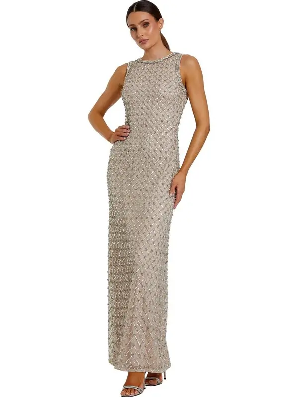 Mac Duggal Embellished High Neck Column Gown - Silver Nude