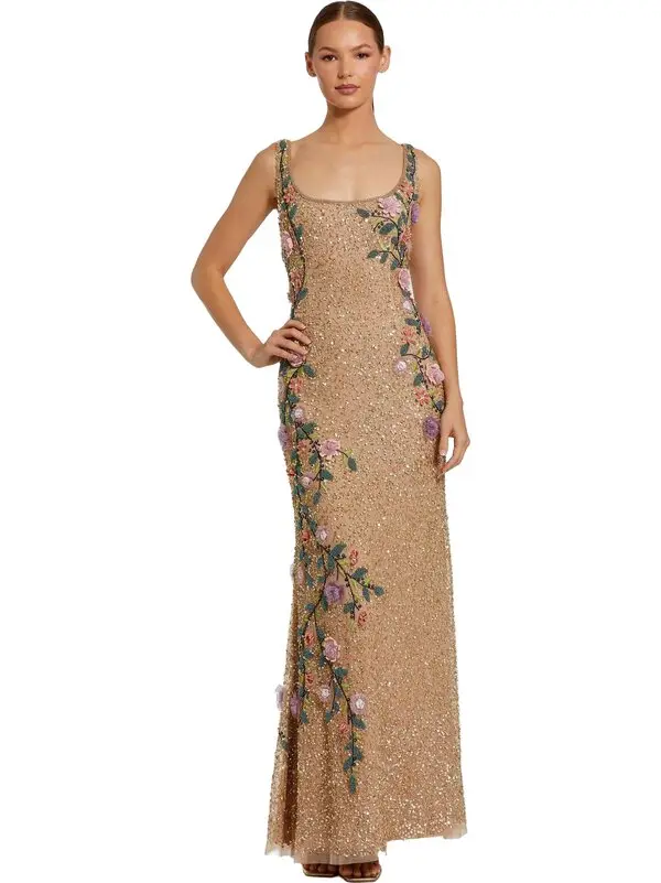 Mac Duggal Beige Floral Beaded Scoop Neck Sleeveless Gown - Neutral