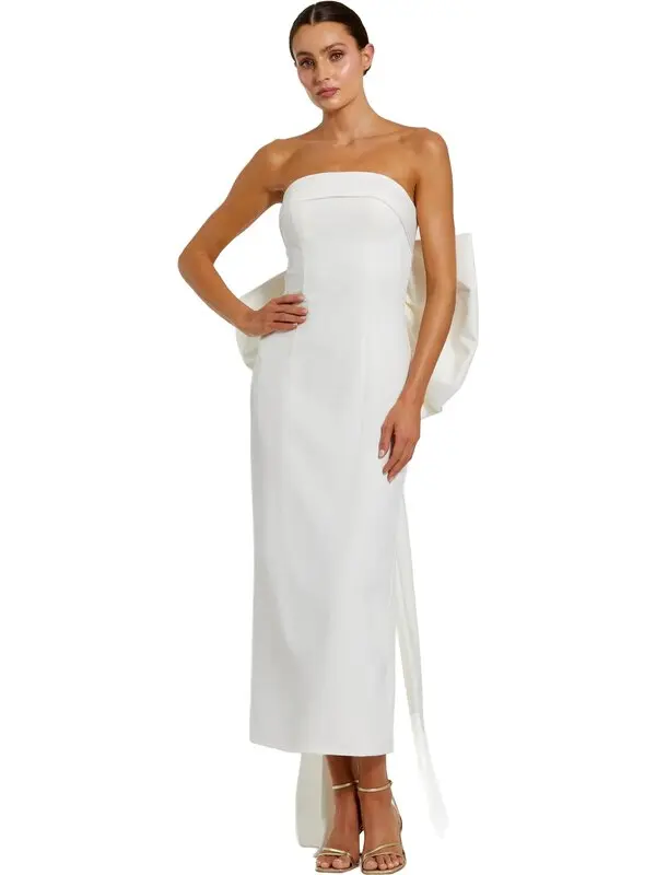 Mac Duggal Strapless Crepe Sheath Dress With Bow - White