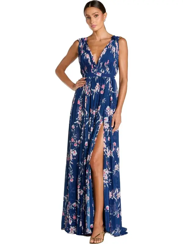 Mac Duggal Sleeveless Pleated Floral Print Chiffon V-neck Gown - Blue