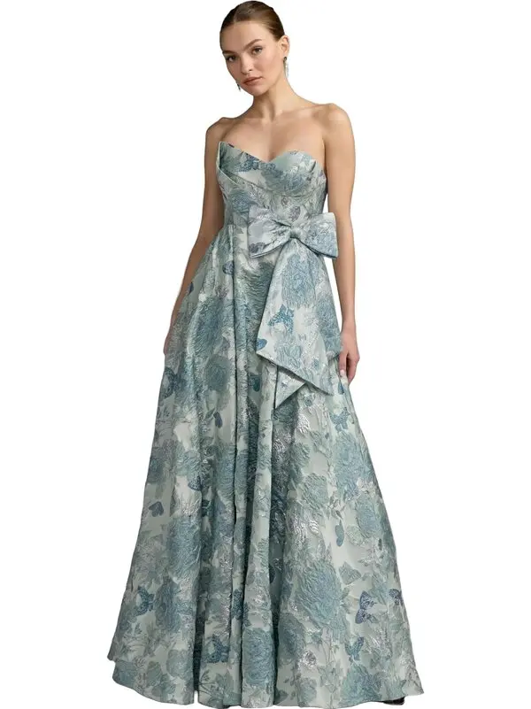 Mac Duggal Strapless Floral Brocade Ball Gown - Seafoam