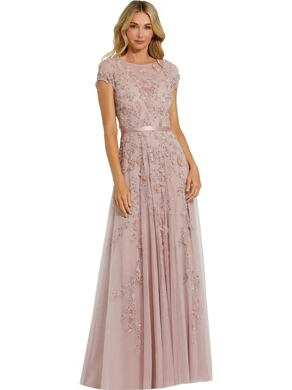 Mac Duggal Floral Embellished Cap Sleeve Gown - Pink