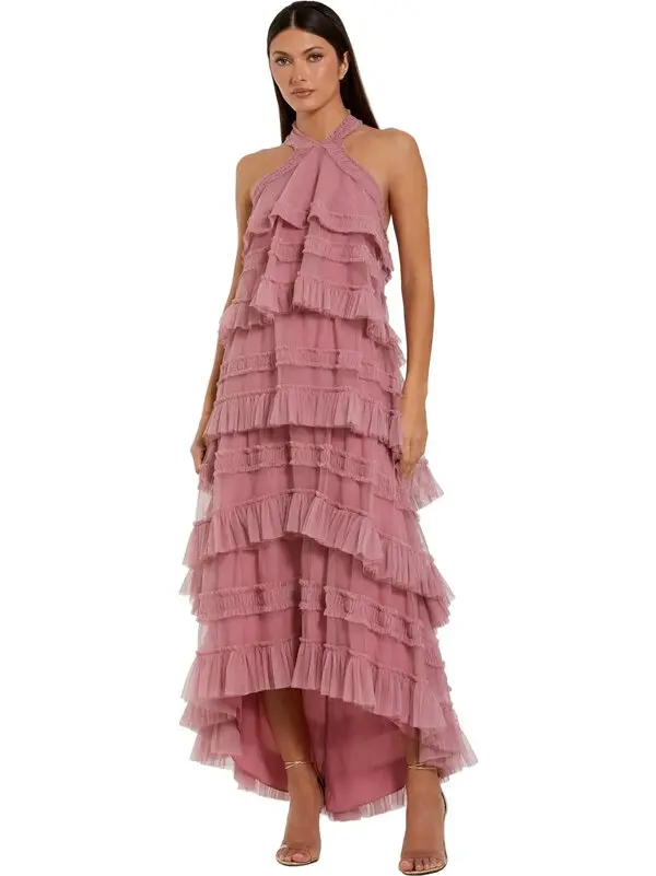 Mac Duggal Tiered Ruffle Halter Neck Midi Dress - Rose