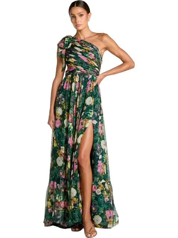 Mac Duggal One-shoulder Floral Chiffon Gown - Green