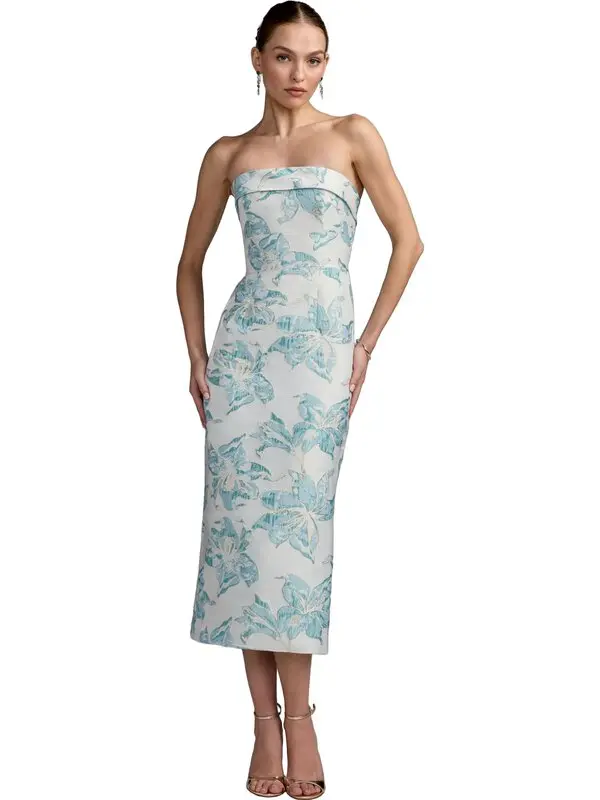Mac Duggal Strapless Brocade Sheath Midi Dress - French Blue