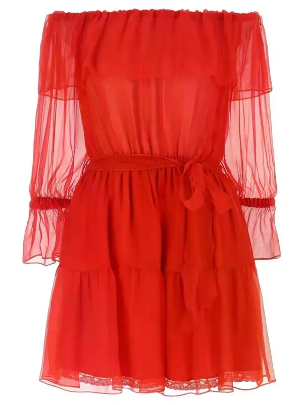 Gucci Ruffle Off-shoulder Silk Mini Dress - Red