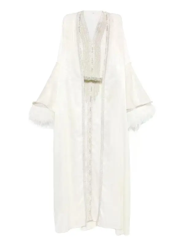 REEM AL DHAHERI Feathered Embroidered Kaftan Set - White