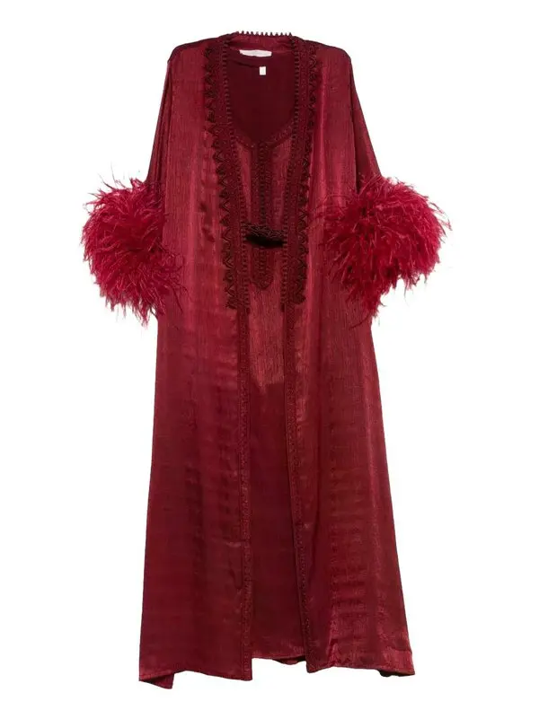REEM AL DHAHERI Embroidered Feather Kaftan Set - Red