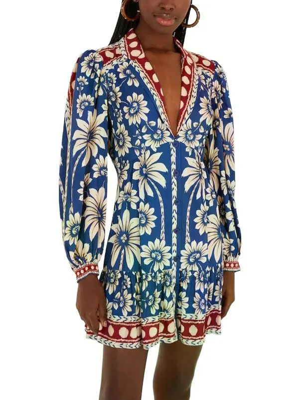 Farm Rio Floral Print Button Dress - Blue