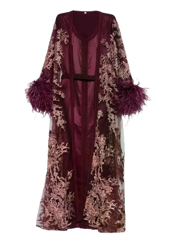 REEM AL DHAHERI Embroidered Feathered Kaftan - Red