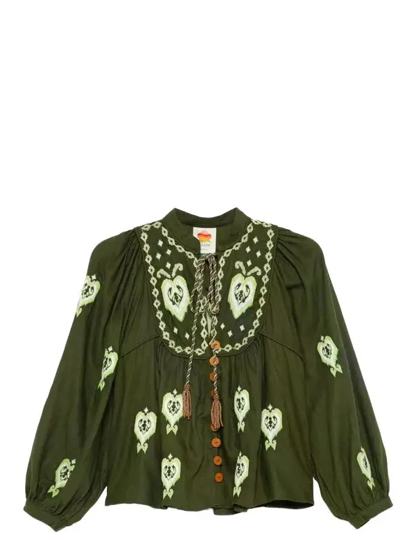 Farm Rio Embroidered Tassel Shirt - Green