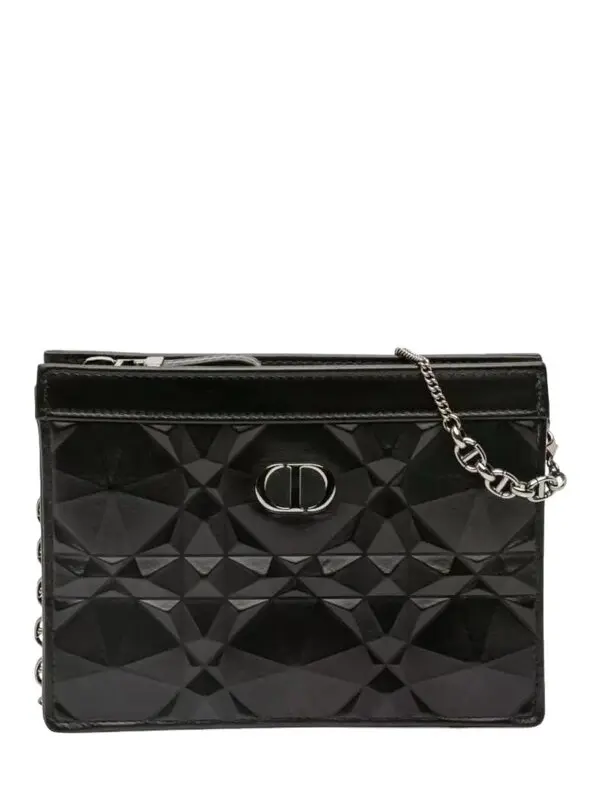 Dior 2022 Calfskin Macrocannage Diamond Caro Zipped Pouch With Chain - Black