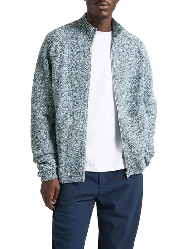 PALMES Mélange Cotton Blend Full Zip Sweater - Off-white/green