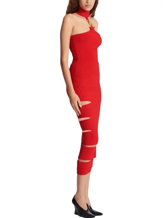 Balmain Long Knit Cut-out Skirt - Red