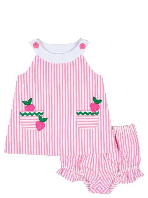 FLORENCE EISEMAN Seersucker Dress And Bloomer Set With Strawberries - Pink/white