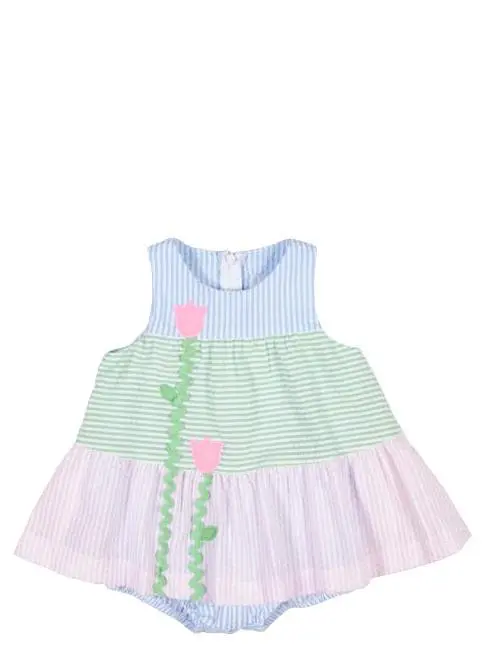 FLORENCE EISEMAN Striped Seersucker Romper With Appliqué Tulips - Multi