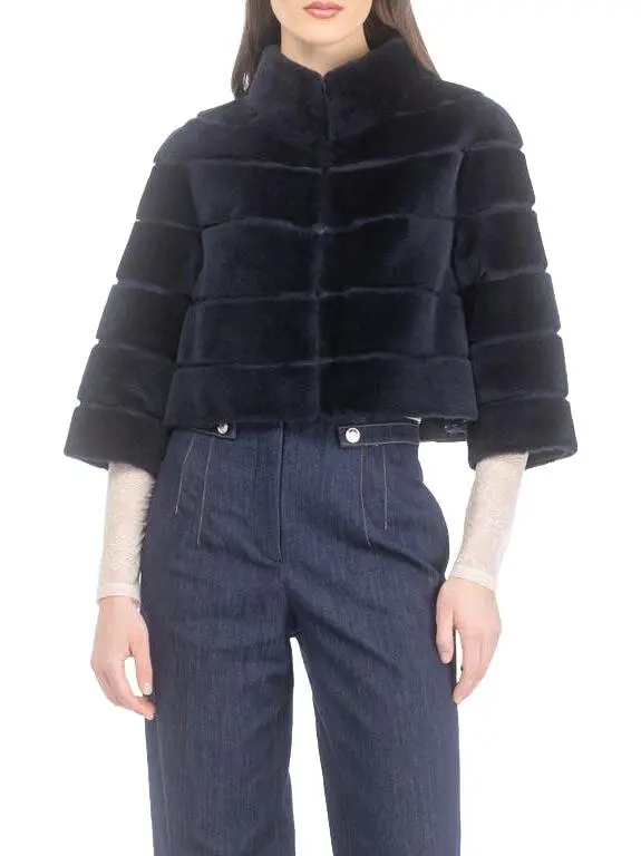 Gorski Genuine Shearling Cropped Bolero With Cropped Sleeves - Navy