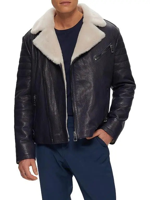Gorski Nappa Moto Jacket With Genuine Shearling - Navy/beige